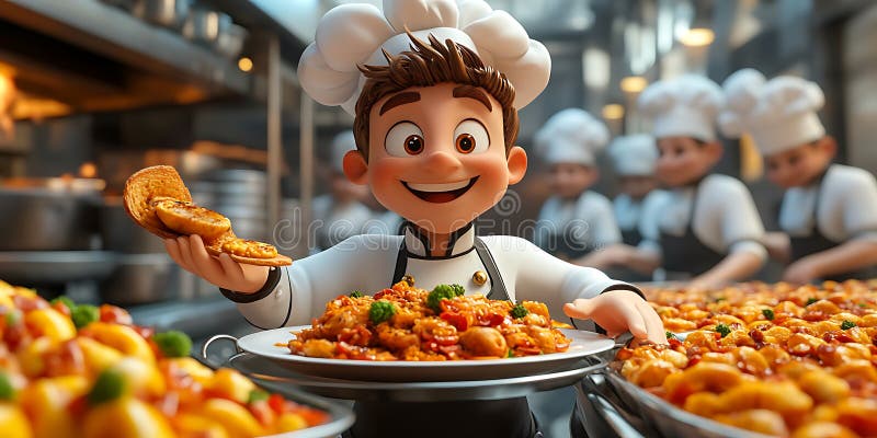 3D Cartoon Chef Serving Food, Proud Smile Stock Illustration ...
