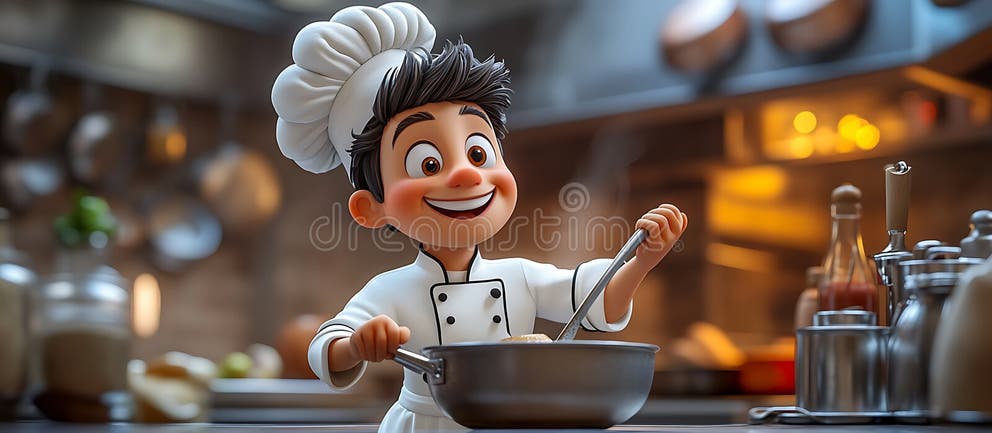 3D Cartoon Chef Stirring a Pot, Smiling Stock Illustration ...