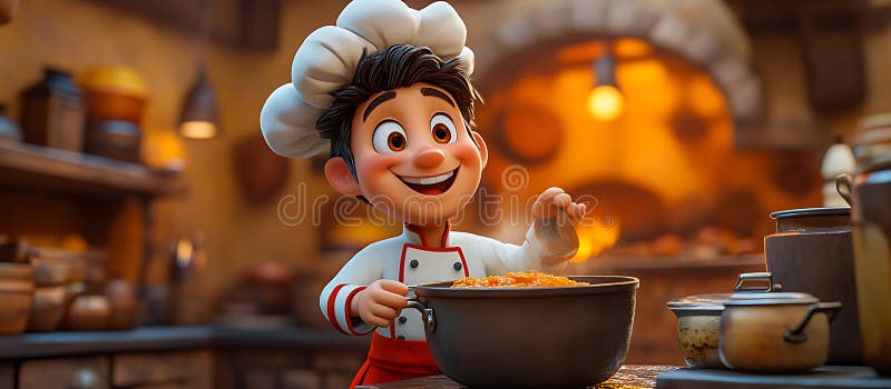 3D Cartoon Chef Stirring a Pot, Smiling Stock Illustration ...