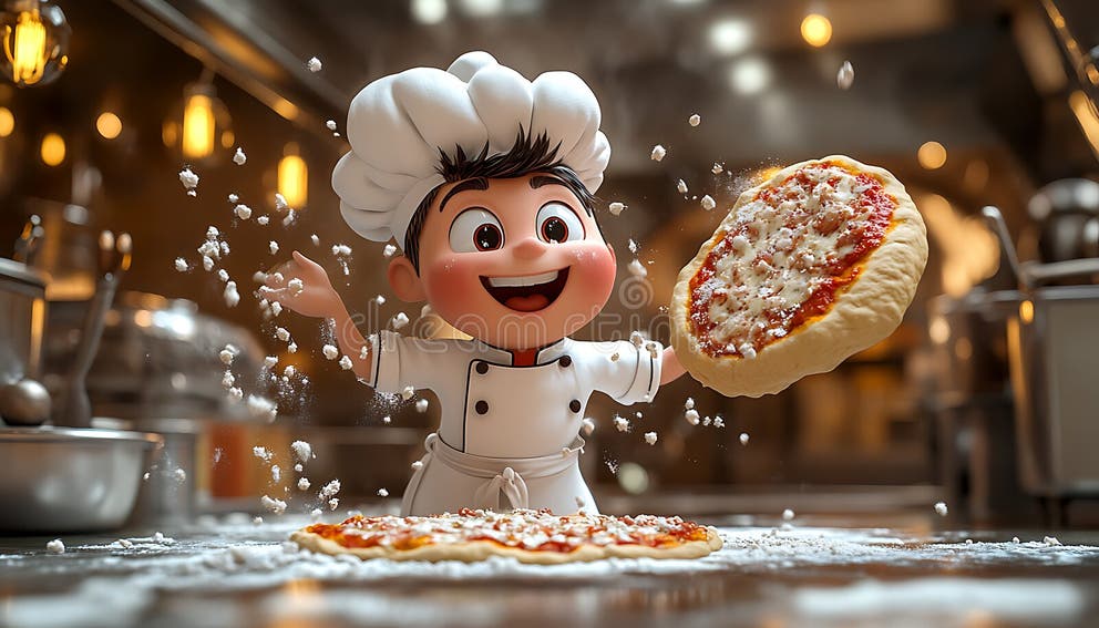 3D Cartoon Chef Tossing Pizza Dough, Dynamic Motion Stock Illustration ...