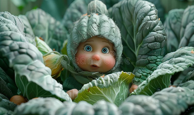 3D Cartoon, a Child in a Head of Cabbage. Stock Photo - Image of ...