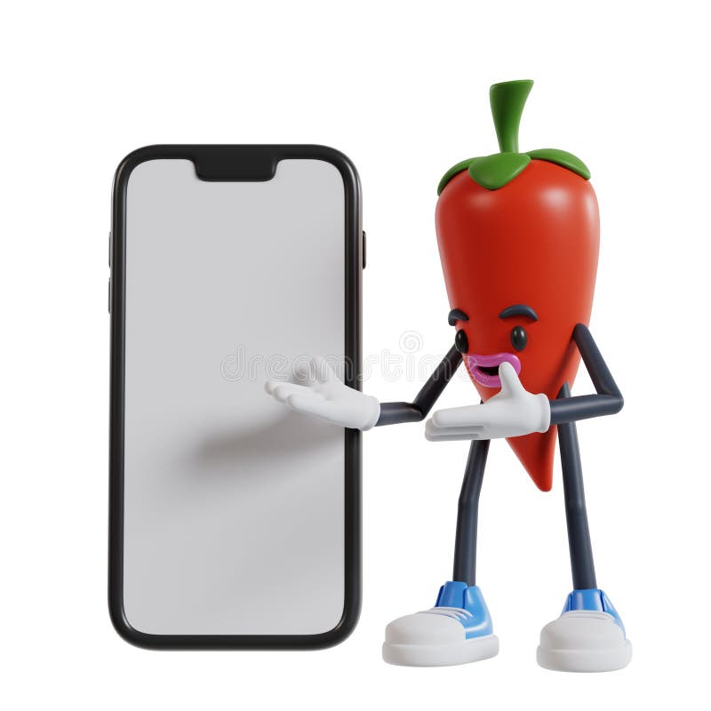3d Cartoon Chili Character Presenting Big Mobile Phone with Both Hand ...