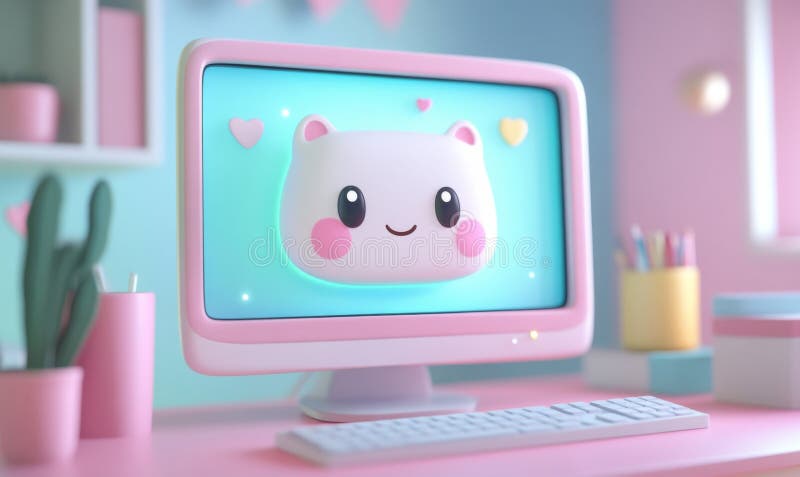 3D Cartoon Computer Monitor with a Cute, Smiling Face on the Screen ...
