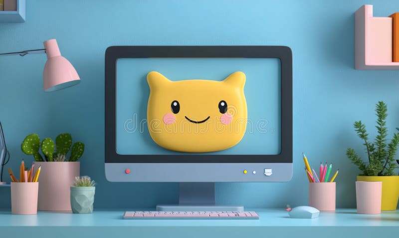 3D Cartoon Computer Monitor with a Cute, Smiling Face on the Screen ...