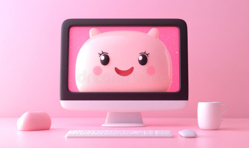 3D Cartoon Computer Monitor with a Cute, Smiling Face on the Screen ...