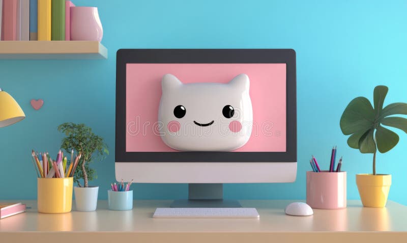 3D Cartoon Computer Monitor with a Cute, Smiling Face on the Screen ...