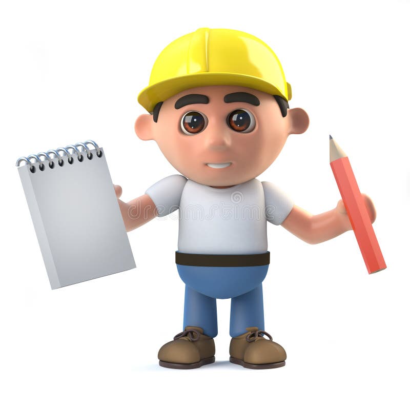 3d Cartoon Construction Worker Has a Notepad and Pencil Stock Vector ...