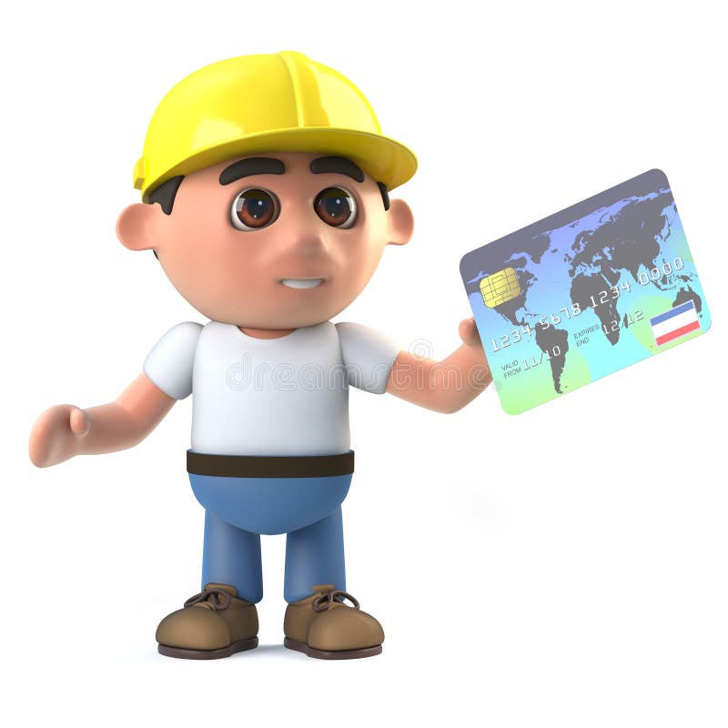 3d Cartoon Construction Worker Uses a Credit Card Stock Vector ...