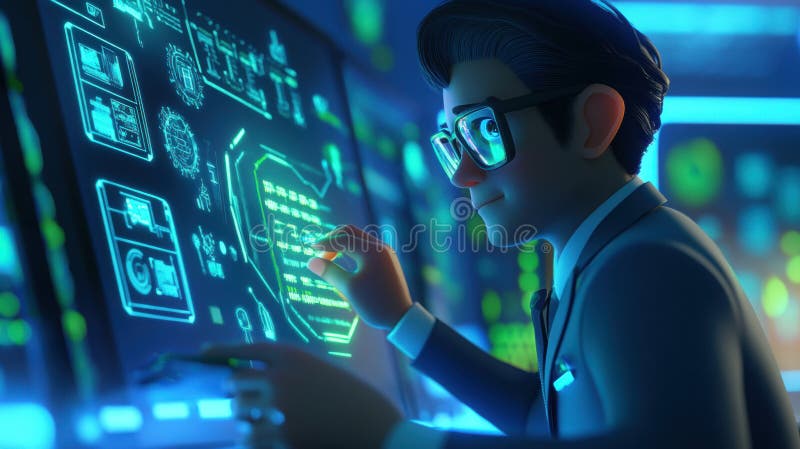 3D Cartoon Cybersecurity Expert Analyzing Holographic Display with ...