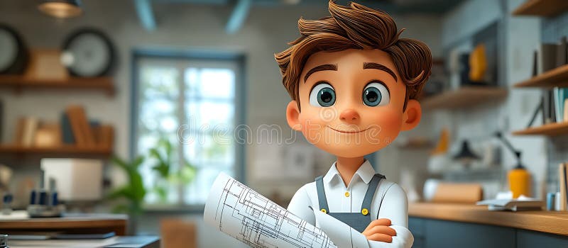 3D Cartoon Engineer with Blueprints, Planning a Project Stock ...
