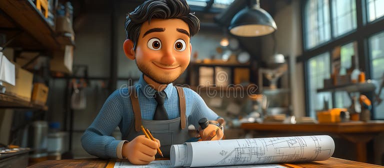 3D Cartoon Engineer with Blueprints, Planning a Project Stock ...