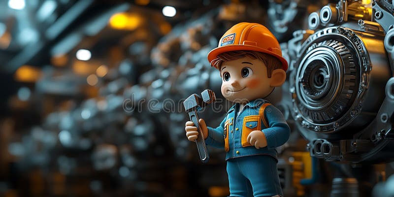 3D Cartoon Engineer with a Wrench, Fixing Machinery Stock Illustration ...