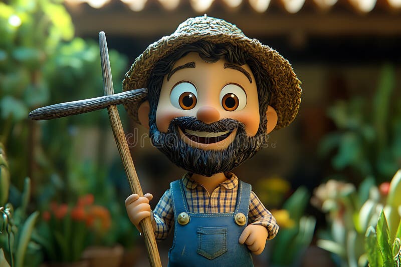 3D Cartoon Farmer Holding a Pitchfork, Happy Stock Illustration ...