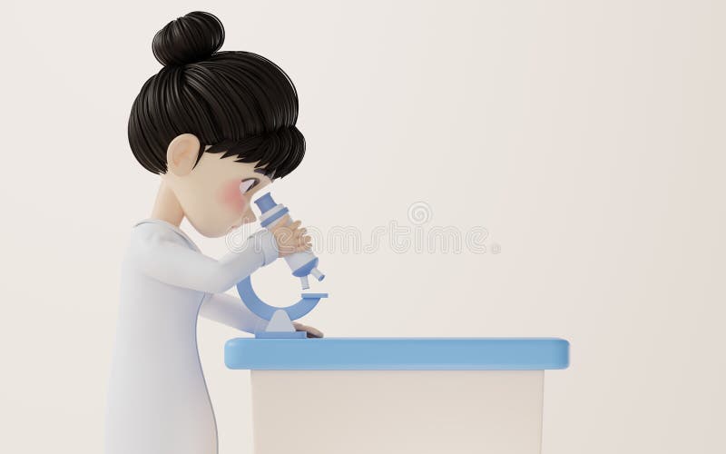 3D Cartoon Female Researcher and Microscope, 3d Rendering Stock ...