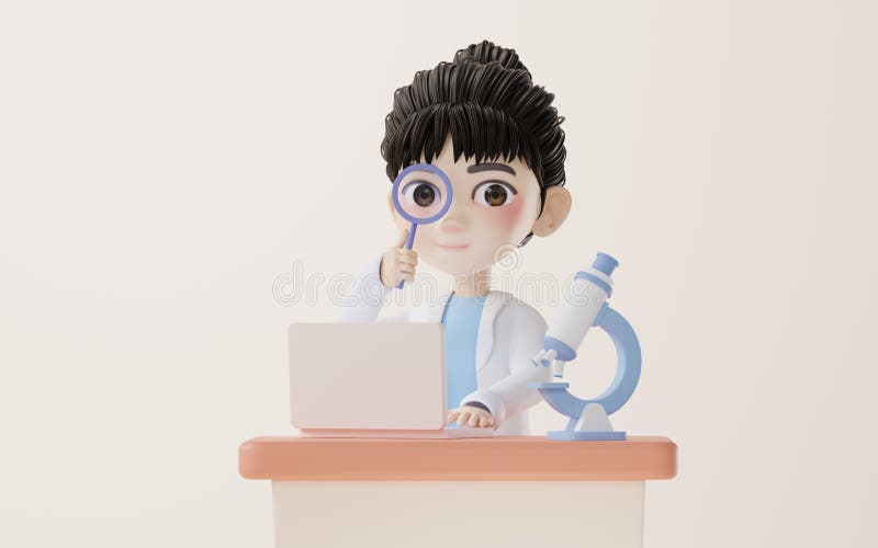 3D Cartoon Female Researcher and Microscope, 3d Rendering Stock ...