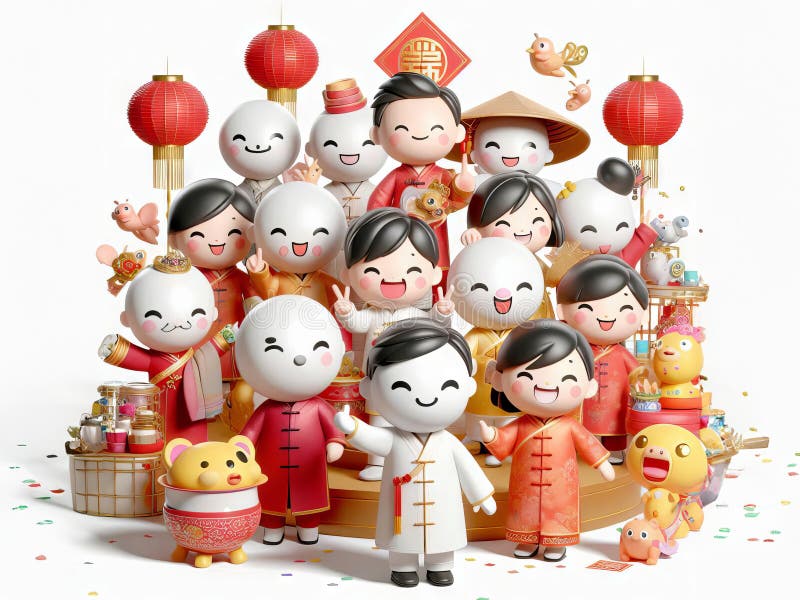 3D Cartoon Figures Celebrating Lunar New Year Stock Illustration ...