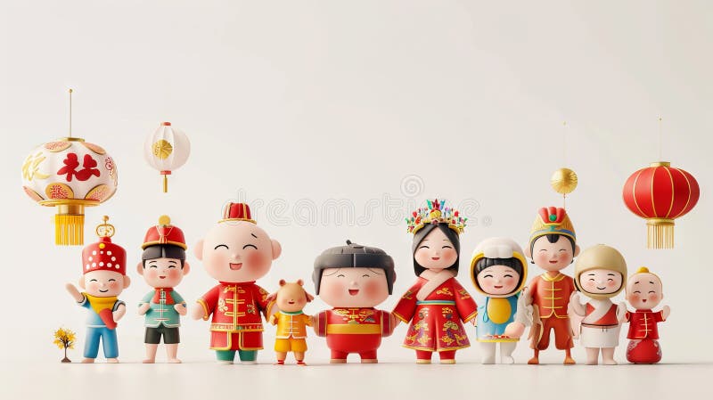 3D Cartoon Figures Celebrating Lunar New Year Stock Illustration ...