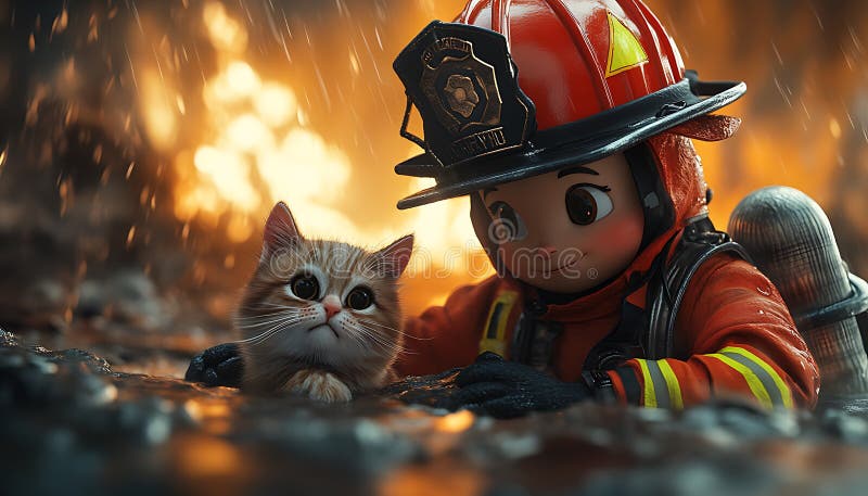 3D Cartoon Firefighter Rescuing a Cat, Heroic Stock Illustration ...
