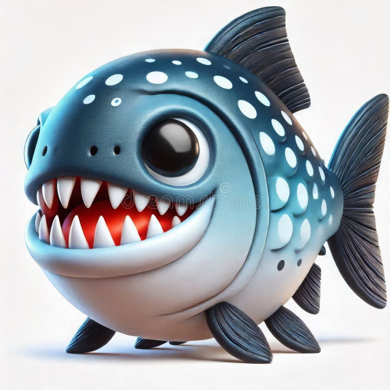 3D Cartoon Fish with Sharp Teeth and a Playful Grin on a White ...