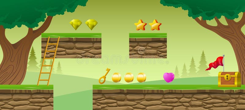 2D Cartoon Forest Scene for Game Background with Levels and Items Stock ...