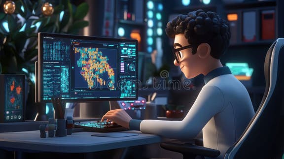 3D Cartoon Game Developer Working at Futuristic Desk, Focused on Coding ...
