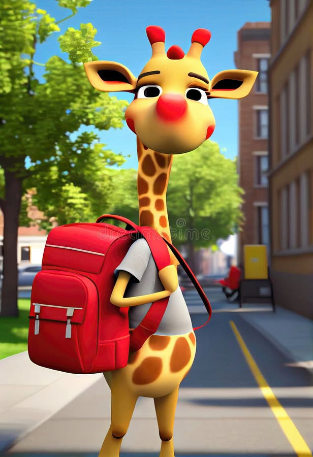 3d Cartoon Giraffe with Red Backpack Going for School Stock ...
