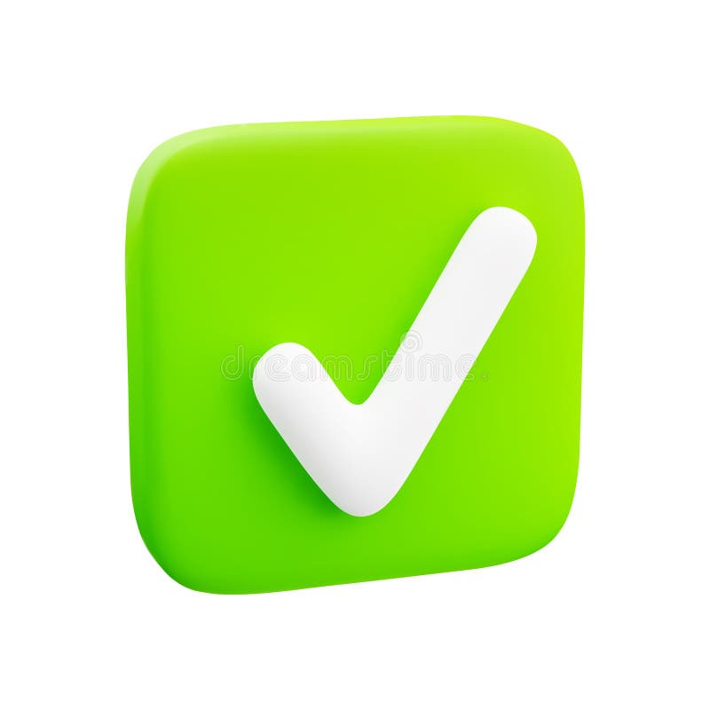 3d Cartoon Green Square Icon of Bold White Checkmark Isolated on White ...