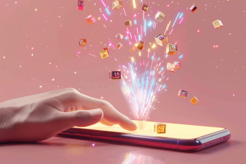 3D Cartoon Hand Pressing Smartphone with Colorful App Icons and ...