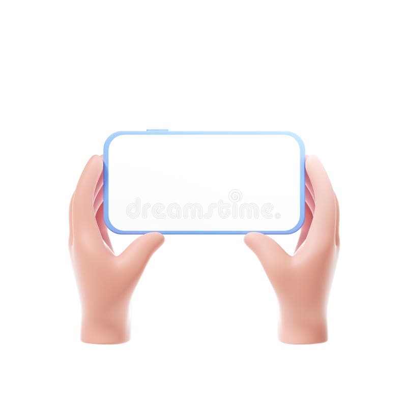 3D Cartoon Hands Holding Smartphone Horizontal Way with Blank Screen on ...