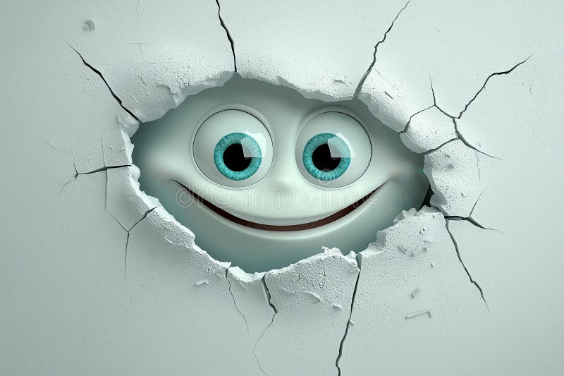 3D Cartoon of a Happy Smiling Face Breaking through a Cracked Wall with ...