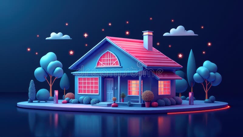 3D Cartoon House at Night with Neon Lights Stock Illustration ...