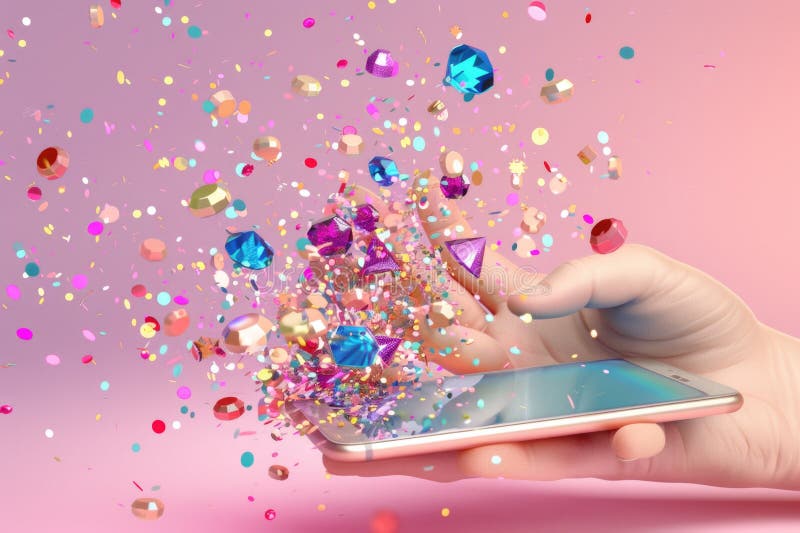 3D Cartoon Human Hand Tapping Smartphone with Floating Gemstones and ...