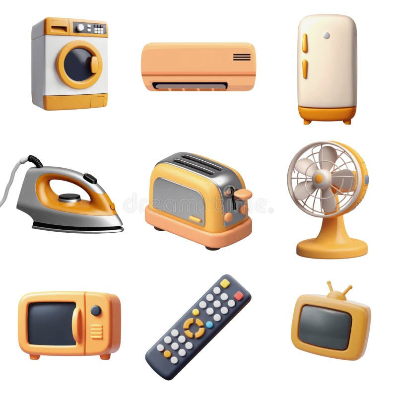 3D Cartoon Icons of Home Appliances and Electronics Isolated on White ...