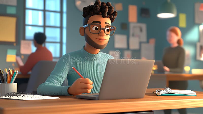 3D Cartoon Illustration Man Working Laptop Stock Illustration ...