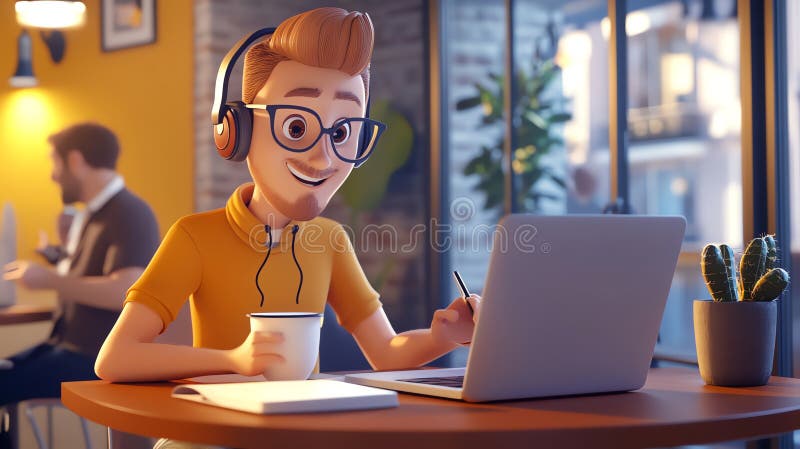 3D Cartoon Illustration Student Works on Laptop Stock Illustration ...