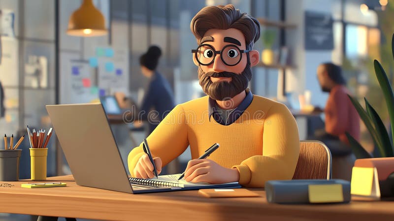 3D Cartoon Illustration of Worker at Desk Stock Illustration ...