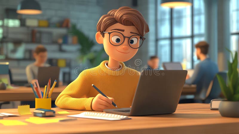 3D Cartoon Illustration Young Student Works on Laptop Stock ...