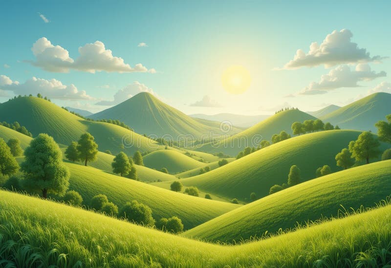 3d Cartoon Landscape Composition with Green Hills, Trees, Sun, White ...