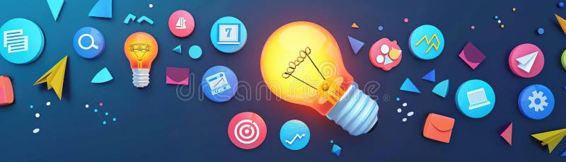 7 3D Cartoon Lightbulb with Innovative Strategy Icons Surrounding it ...