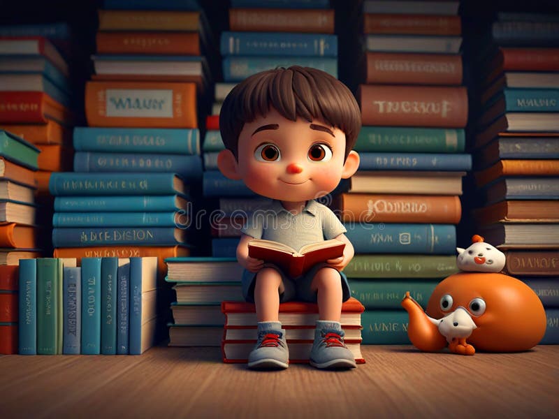 3d Cartoon a Little Boy Sits in a Stack of Books with the Words Magic ...