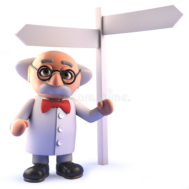 3d Cartoon Mad Scientist Standing Next To a Sign Post Stock ...