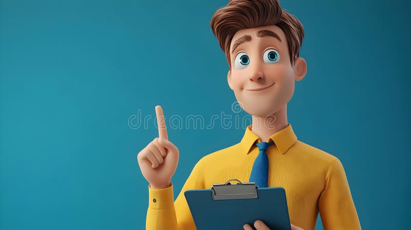 3D Cartoon Man Character Pointing Up with Clipboard Illustration Stock ...