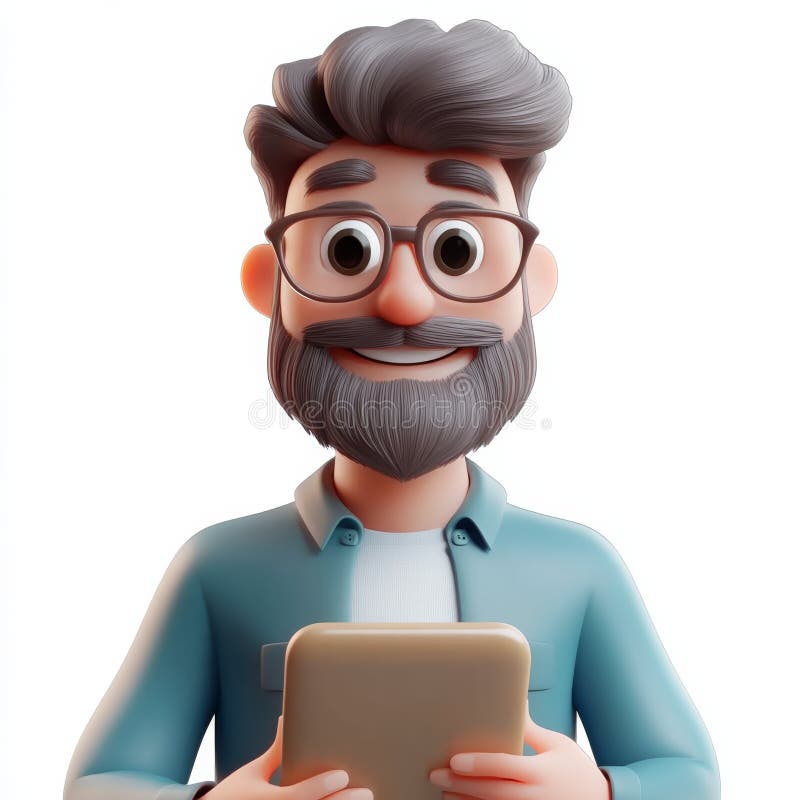 3D Cartoon Man with Glasses and Tablet, Character, Technology Stock ...