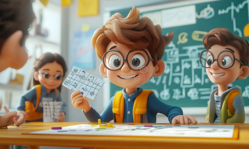 3D Cartoon Math Class with Students Solving Puzzles and Equations on ...