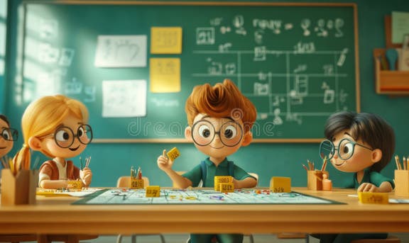 3D Cartoon Math Class with Students Solving Puzzles and Equations on ...