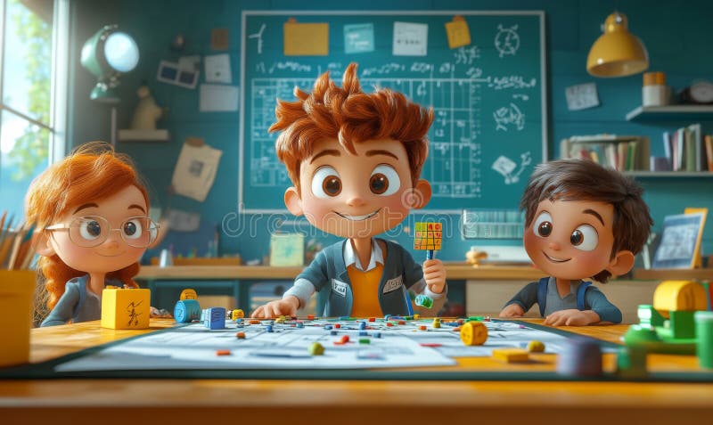 3D Cartoon Math Class with Students Solving Puzzles and Equations on ...