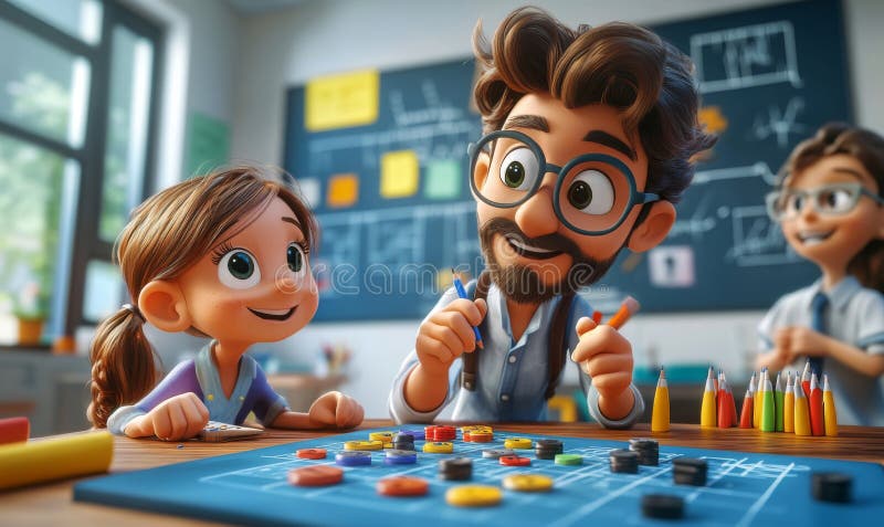 3D Cartoon Math Class with Students Solving Puzzles and Equations on ...
