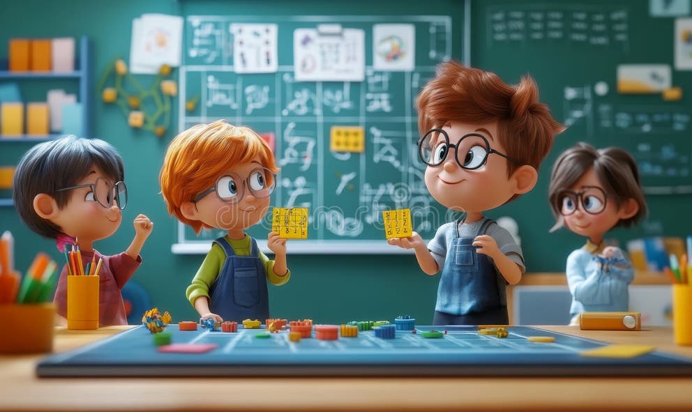 3D Cartoon Math Class with Students Solving Puzzles and Equations on ...