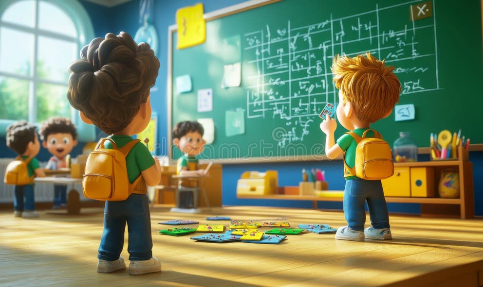 3D Cartoon Math Class with Students Solving Puzzles and Equations on ...