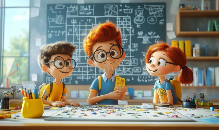 3D Cartoon Math Class with Students Solving Puzzles and Equations on ...